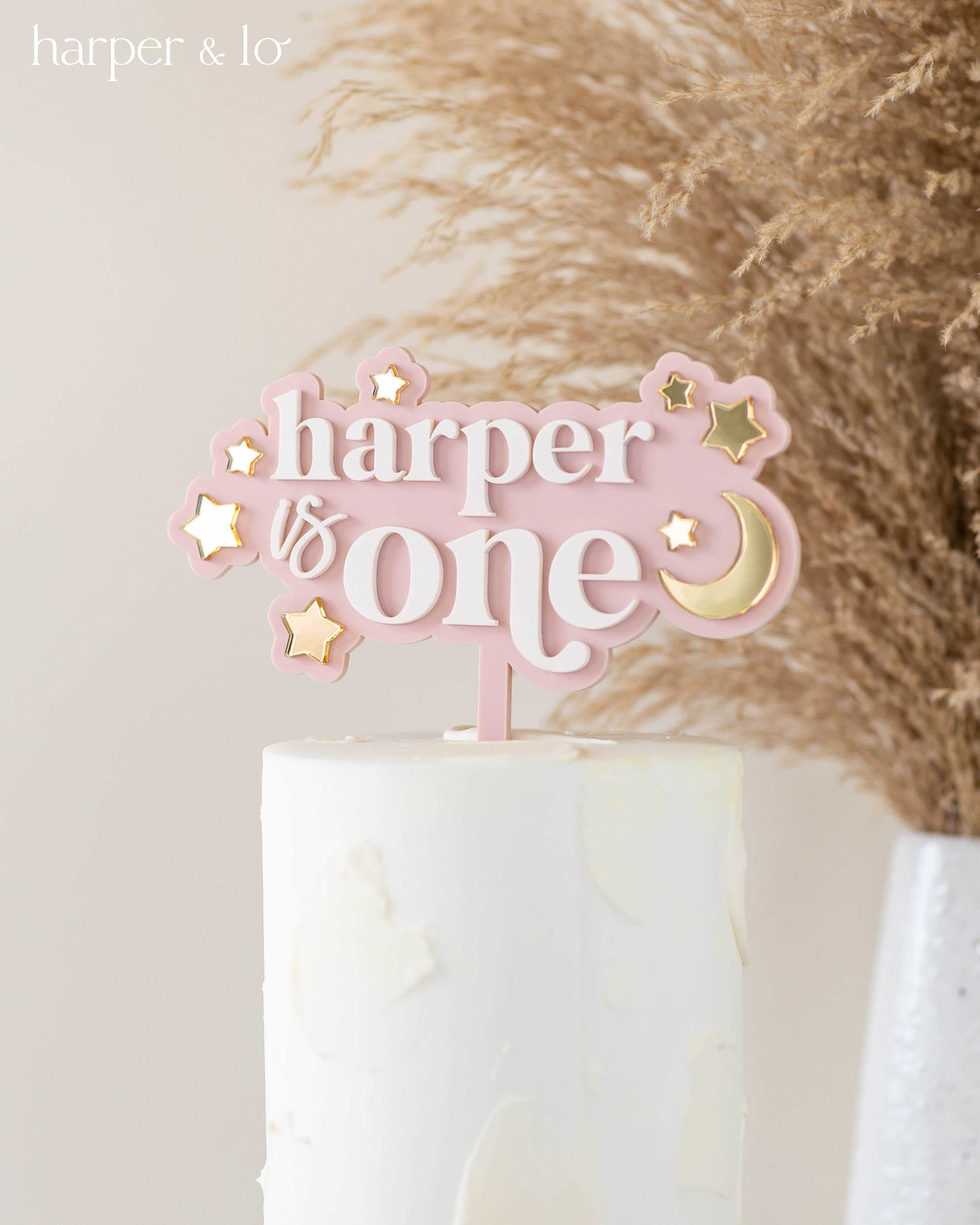 Cake Topper | Custom Name & Age | Acrylic Moon & Stars – Harper and Lo